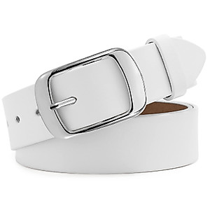 WHIPPY Women Leather Belts for Jeans Pants Fashion Dress Belt for Women with Solid Pin Buckle, White, S
