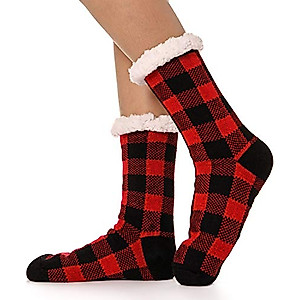Fuzzy Socks for Women Slipper Fluffy Buffalo Plaid Cabin Cozy Winter Thick Warm Comfy Sherpa Fleece Sleep Plush Home Grips Socks Christmas White Elephant Gift Stocking Stuffer for Wife Her Teenage-Red