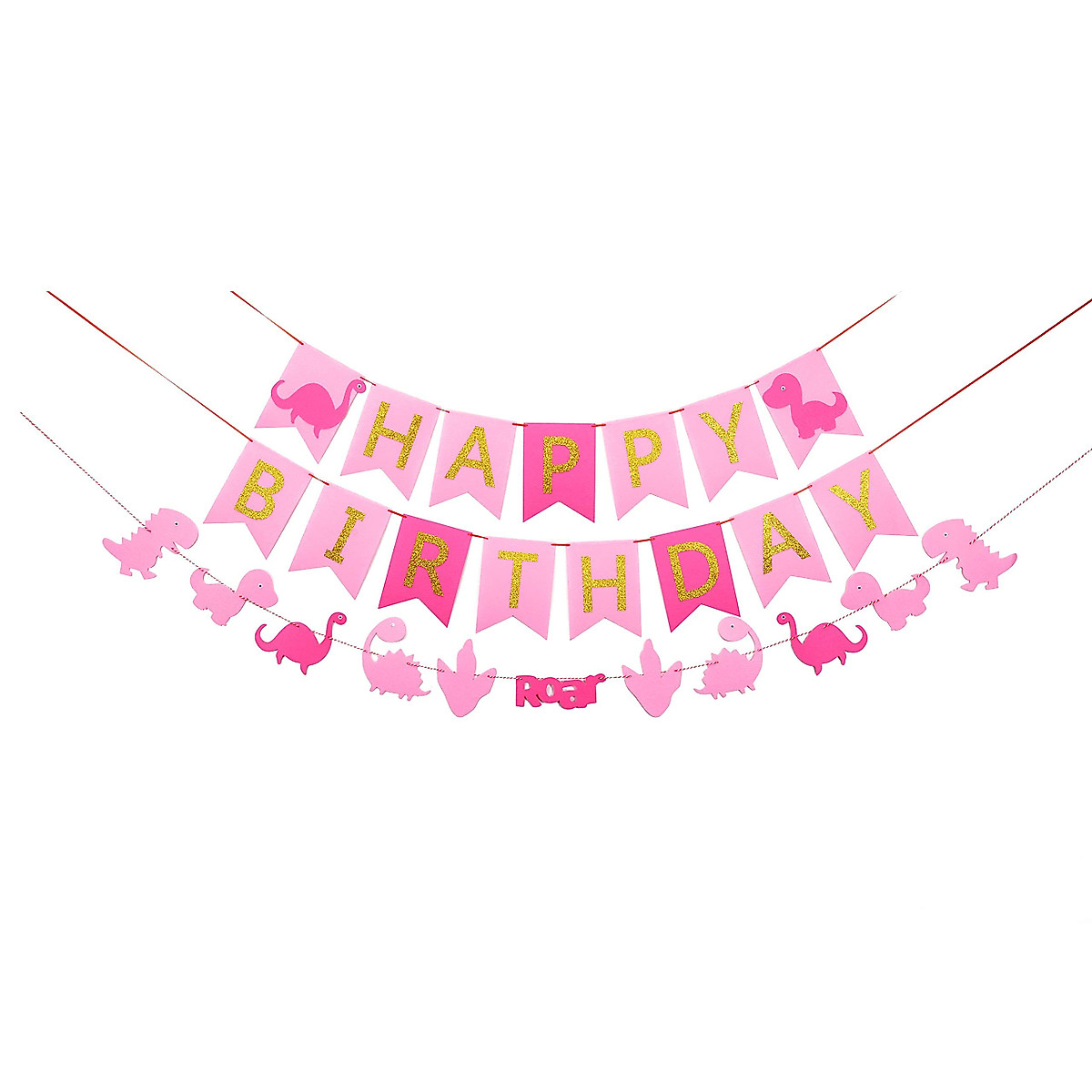 Dinosaur Party Decorations for Baby Girls-1 Happy Birthday Banner, 1 Dino-mite Garland,6 Pink Paper Fans, 12 Dino Balloons-Birthday Supplies and Favors for Kid's Christmas Thanksgiving 1st 2nd 3rd
