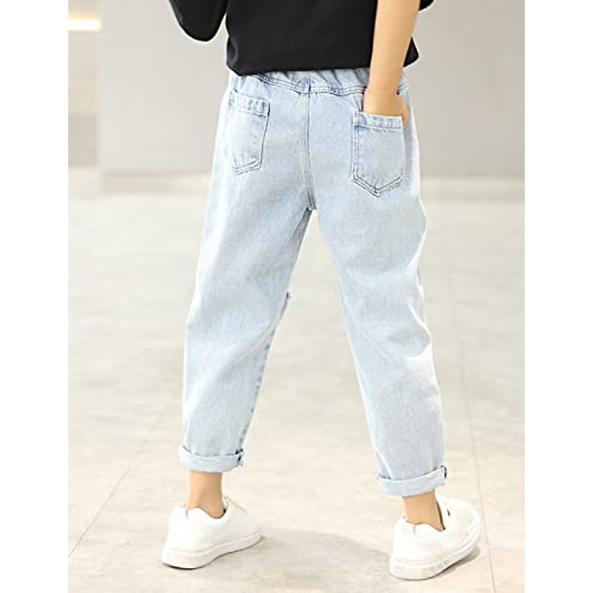 QIBABU Kid Big Girl's Baggy Ripped Jeans Elastic Waist Washed Denim Pants for 8-14 Years(0865-Blue-14Y-QB)