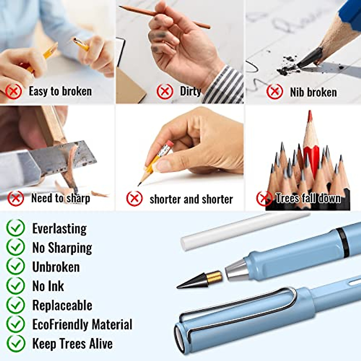 ALECPEA 4pcs Everlasting Pencil Infinite Pencil, Infinity Pencil with Eraser. Inkless Magic Pencils Eternal with 4pcs Replacement Nibs, Portable Reusable Erasable Writing Pencil