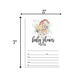 Giraffe Baby Shower Invitations Gender Neutral (25 Pack) Blank Invites for Reveal Parties – Greenery Theme Boy or Girl – Handwrite Party Details on Printed Invitation with Envelope Set 5x7