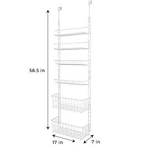 Smart Design Over The Door Adjustable Pantry Organizer Rack w/ 6 Adjustable Shelves - Steel Metal - Hanging - Wall Mount - Cans, Spice, Storage, Closet - Kitchen [White]