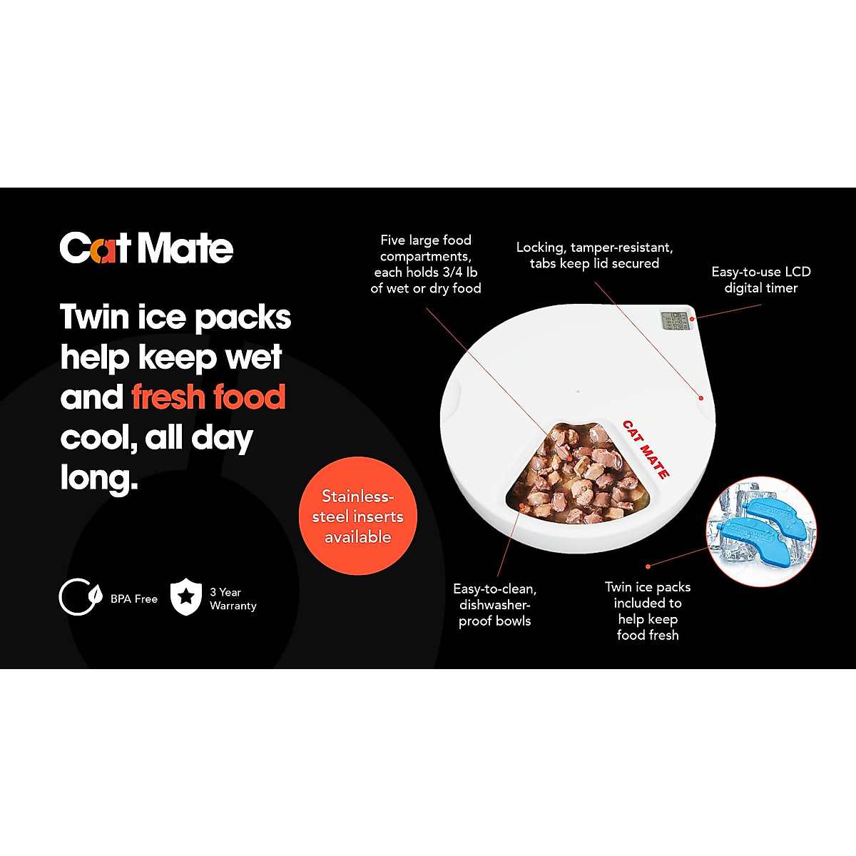 Cat Mate C500 - 5 Meal Digital Automatic Feeder with Ice Packs for Cats and Small Dogs