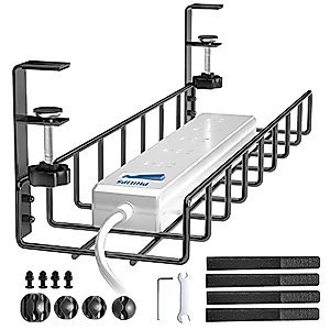 Under Desk Cable Management Tray 1 Pack, Xpatee Upgraded Wire Management No Drill, Cable Tray with Clamp for Desk Wire Management, Computer Cable Rack for Office, Home - No Damage to Desk