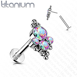 Dynamique Implant Grade Titanium Threadless Push In Labret With Bezel Set CZ Cluster Center and Beaded Ball Edge Top (Sold Per Piece)