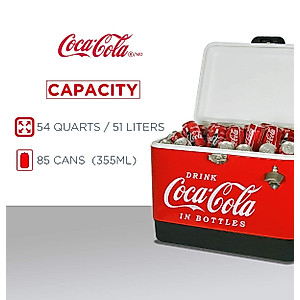 Coca-Cola Ice Chest Beverage Cooler with Bottle Opener, 51L (54 qt), 85 Can Capacity Portable Cooler, Red and Black, for Camping, Beach, RV, BBQs, Tailgating, Fishing