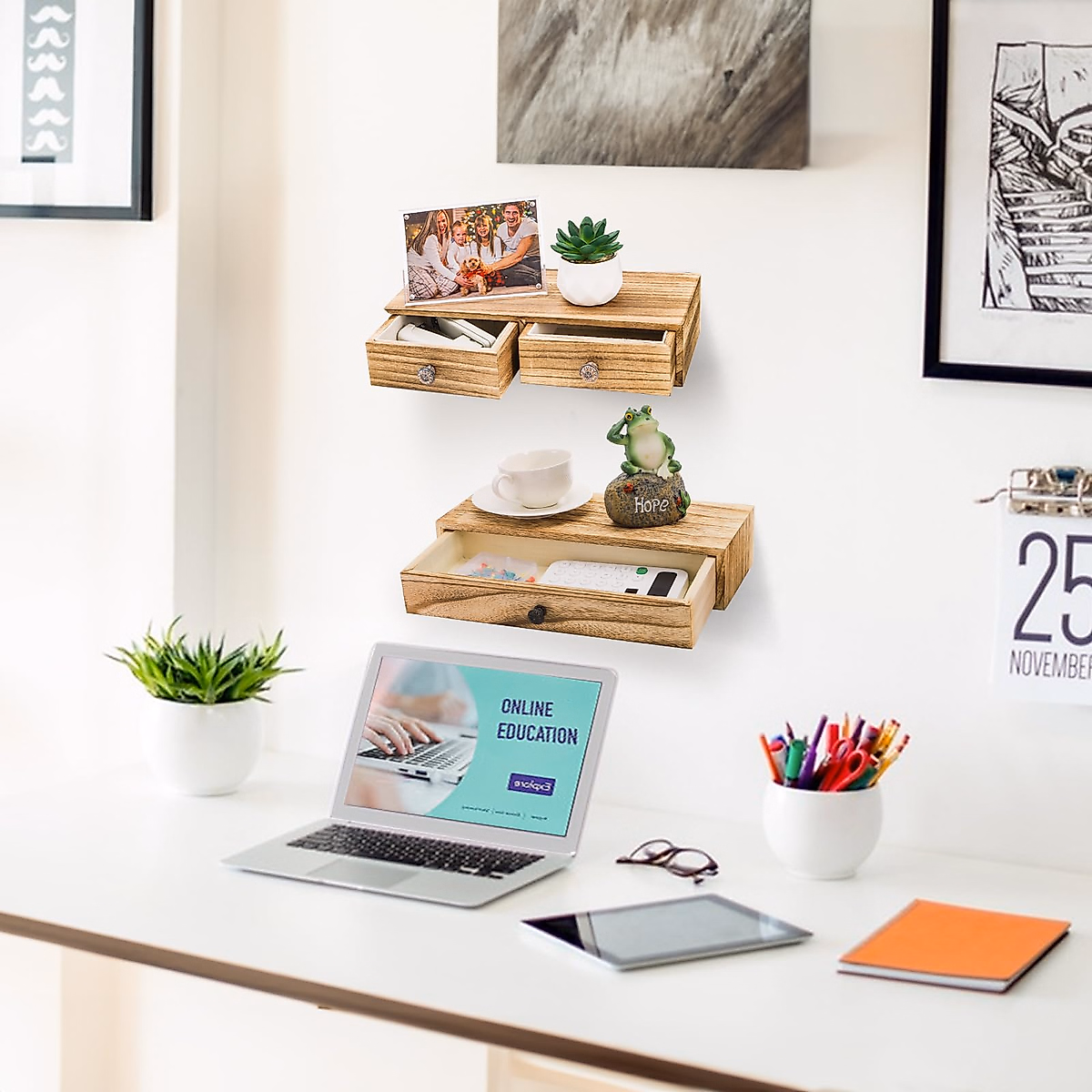 Yesland 2 Packs Floating Nightstand with Drawer - Rustic Wood Floating Wall Mounted Drawers Floating Shelf with Drawer for Living Room, Bedroom, Storage, Display - Yellowish Brown