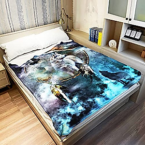 HommomH 60" x 80" Blanket Comfort Cozy Soft Warm Throw One Sides Bidding Dreamcatcher Cool Wolf Howling Moon Animal