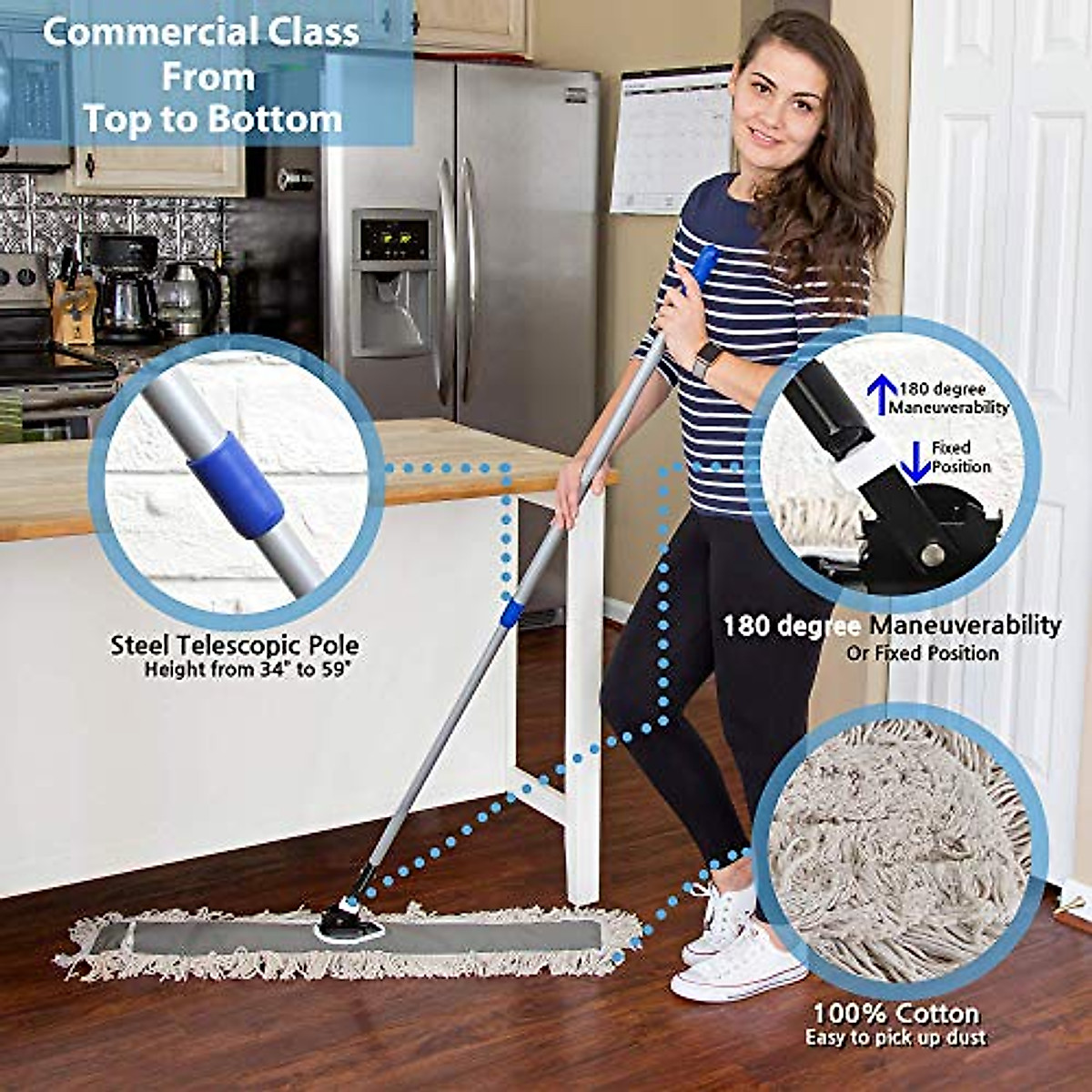 JINCLEAN 36" Industrial Class Cotton Floor Dust Mop with 2 Pack of Refills | Dry to Attract Dirt, dust, Laminated Hardwood Floor, Garage epoxy, Tile, Bamboo Telescopic Pole Height Max 59"
