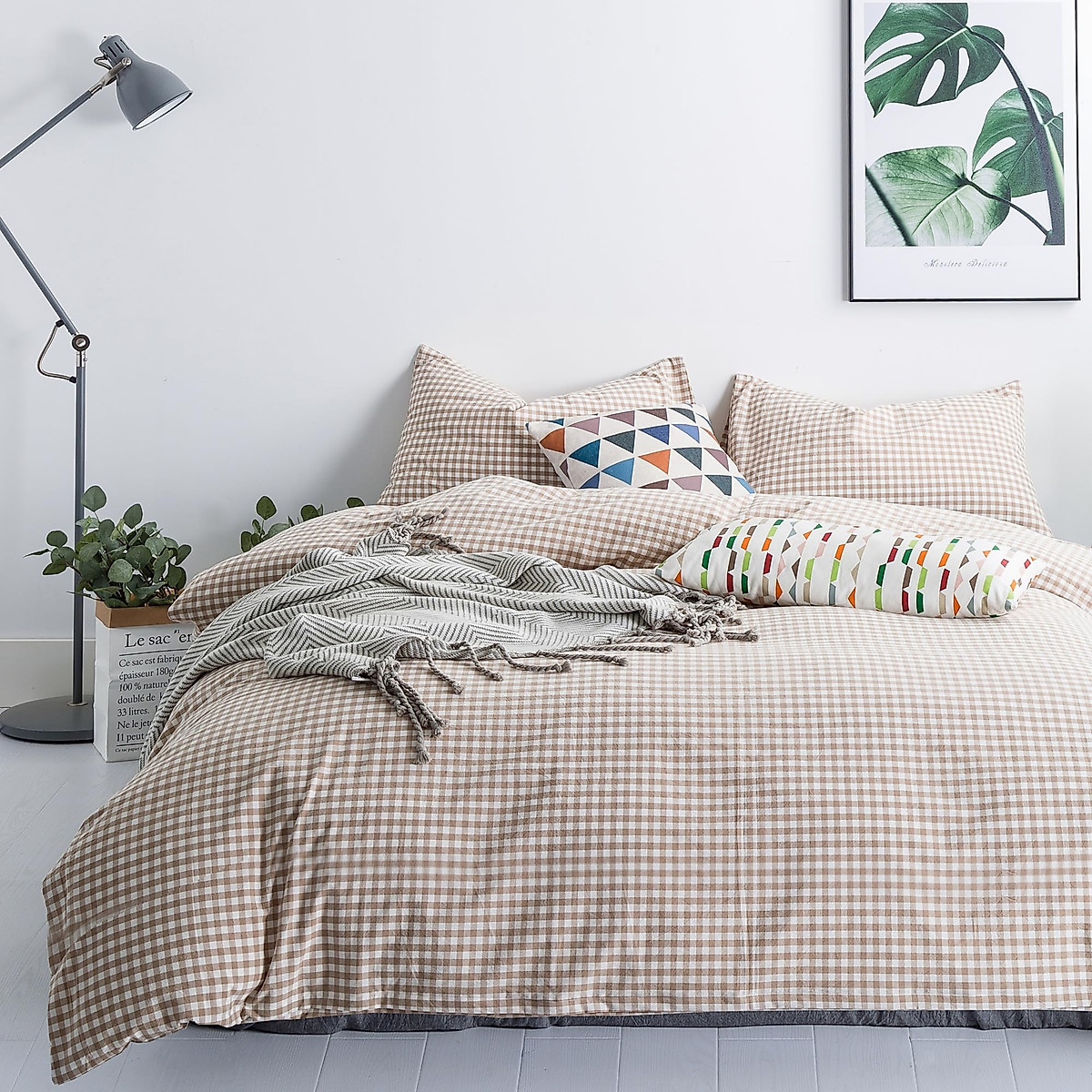 SUSYBAO Tan Gingham Duvet Cover King 100% Washed Cotton Beige Plaid Duvet Cover Set 3 Pieces 1 Checkered Grid Duvet Cover with Zipper Ties 2 Pillowcases Vintage Luxury Soft Gingham Bedding Set Durable