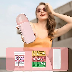 Waxing Kit, Roll on Wax Warmer Kit for Women & Men Sensitive Skin, Include 2 Rose Wax Cartridge, 100 Wax Strips, 10 Wipes