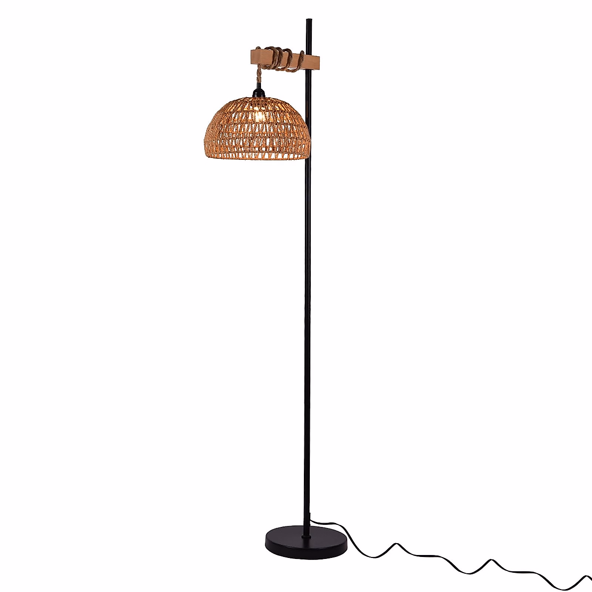 Boho Arc Floor Lamp with Remote, Rattan Farmhouse Standing Lamps with Dimmable LED Bulb, Modern Black Tall Lamp with Woven Shade for Living Room Office Bedroom, App Control, Height Adjustable