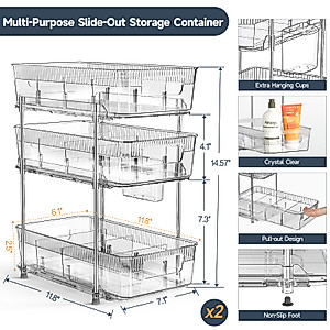 2 Pcs 3 Tier Clear Bathroom Organizer with Dividers, Multi-Purpose Pull-Out Pantry Organization and Storage, Under Sink Closet Organizers and Storage