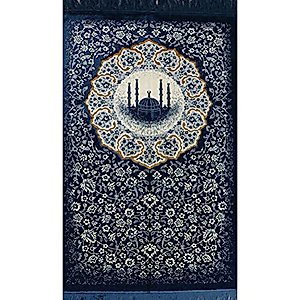 Modefa Turkish Islamic Prayer Rug - Lightweight Velvet Praying Mat - Traditional Muslim Janamaz Sajada - Plush Praying Carpet for Men & Women - Ramadan or Eid Gift - Floral MSQ (Blue)