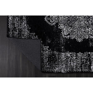 CAMILSON Machine Washable Area Rugs with Non Slip Backing for Living Room Bedroom, Distressed Vintage Washable Rug 5x7, Stain and Water Resistant, Bohemian Indoor Carpet (5 x 7, Black White)