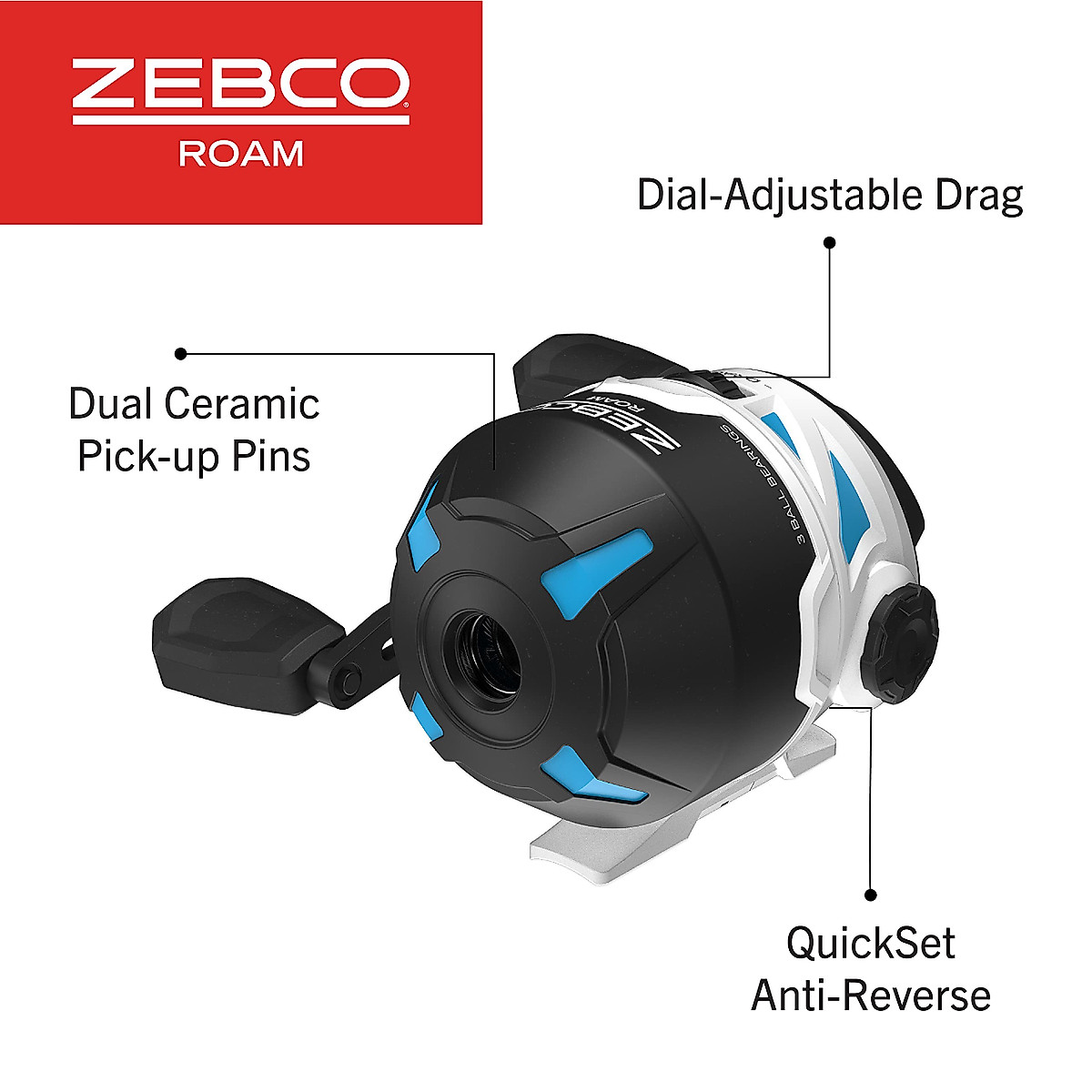Zebco Roam Spincast Fishing Reel, Size 30 Reel, Changeable Right or Left-Hand Retrieve, Pre-Spooled with 10-Pound Zebco Fishing Line, Stainless Steel Front Cover, Blue