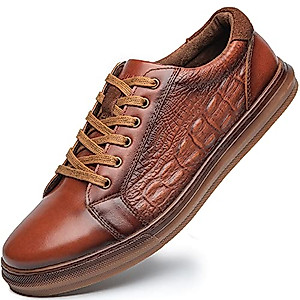 Arkbird Men's Fashion Casual Sneaker Shoes - Embossed Yellow Brown Leather Comfortable Daily Walking Shoe for Men