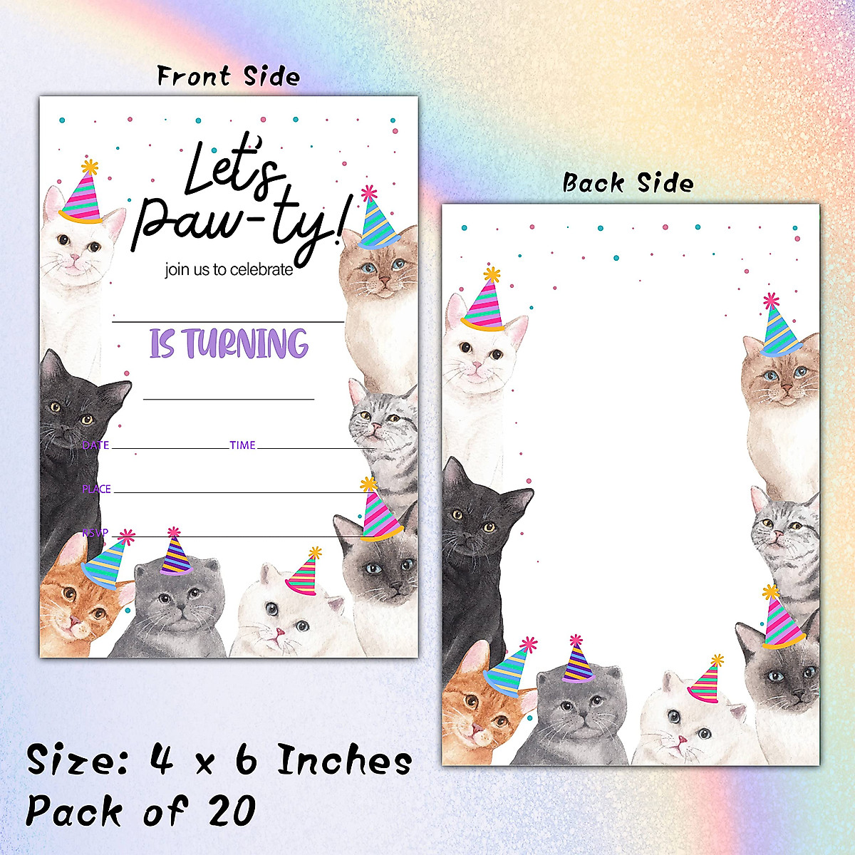 Cat Birthday Invitations with Envelopes - Kitty Cat Birthday Party Invitation Card - Let's Paw-ty Fill-in Invites Cards - Cute Pet Party Celebration (20 Pack)-25