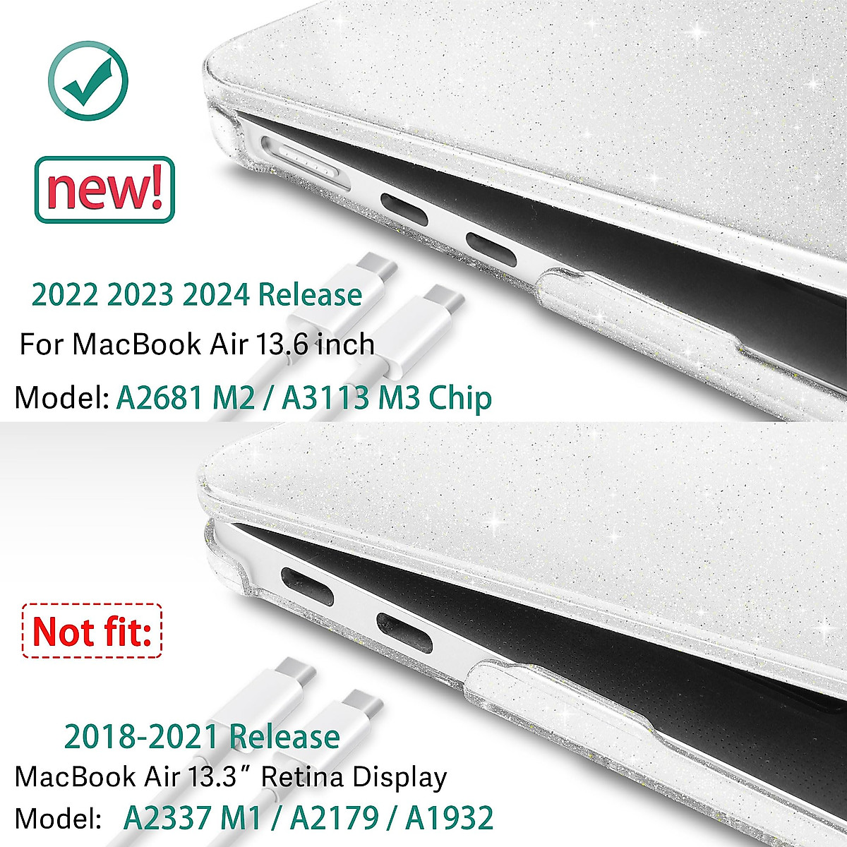 May Chen Compatible with M3 MacBook Air 13.6 inch Case 2022 2023 2024 A3113 A2681 M2 Chip, Plastic Hard Shell Case for MacBook Air 13.6" with Liquid Retina display Fits Touch ID, Clear Glitter