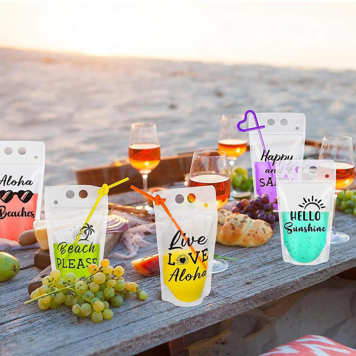Summer Drink Pouches with Straws Beach Drink Pouches for Adult Translucent Party Beverage Bags Stand up Juice Pouches Plastic Drink Container with Zipper Juice Freezer Bags for Party Favor (30 Sets)
