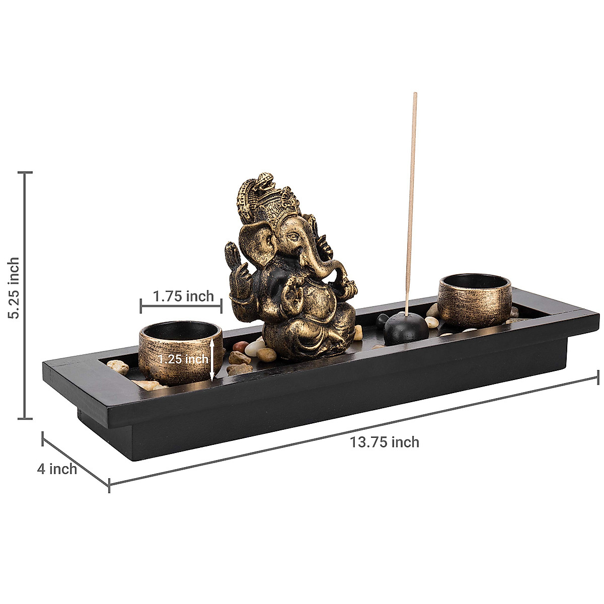 MyGift Mini Zen Garden with Ganesh Statue, Incense Stick Burner, Tealight Candle Holders, Decorative Rocks and Display Tray