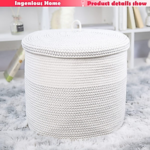 Ingenious Home –basket with lid, woven baskets for storage, nursery hamper with lid, for room living room decorative storage， multi-Purpose lidded basket( Gray line 16D x 14H inch)