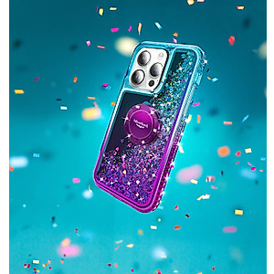 Silverback Designed for iPhone 14 Pro Case,14 Pro Phone Case with Ring Kickstand,Glitter Bling Flowing Liquid Quicksand for Women Girls Phone Case for iPhone 14 Pro,Purple