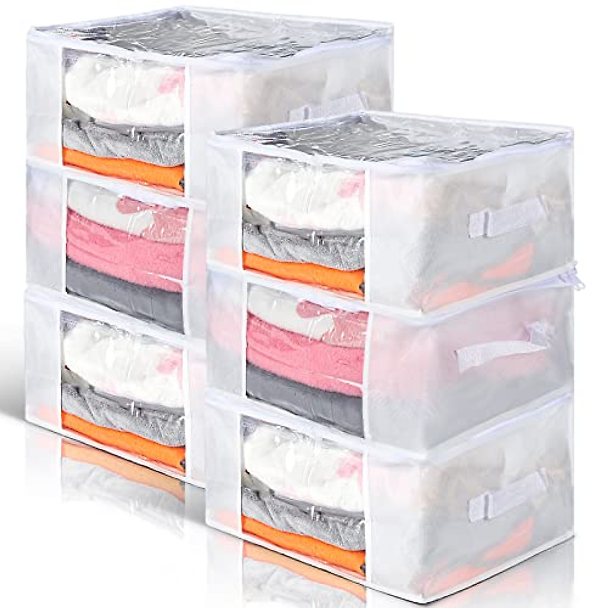 6 Pcs Clear Zippered Storage Bags Plastic Clothes Containers Fabric Blanket Organizer Large Storage Bins with Handles for Bedding Sheets Closet Blankets Toys (White, 16 x 12 x 8 Inch)