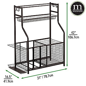 mDesign Metal Heavy Duty Garage Storage System Rack with Top Shelf, Multi-Purpose Sporting Goods Storage with Multiple Compartments, Baskets and Hooks - Holds Equipment, Balls, Bats - Bronze