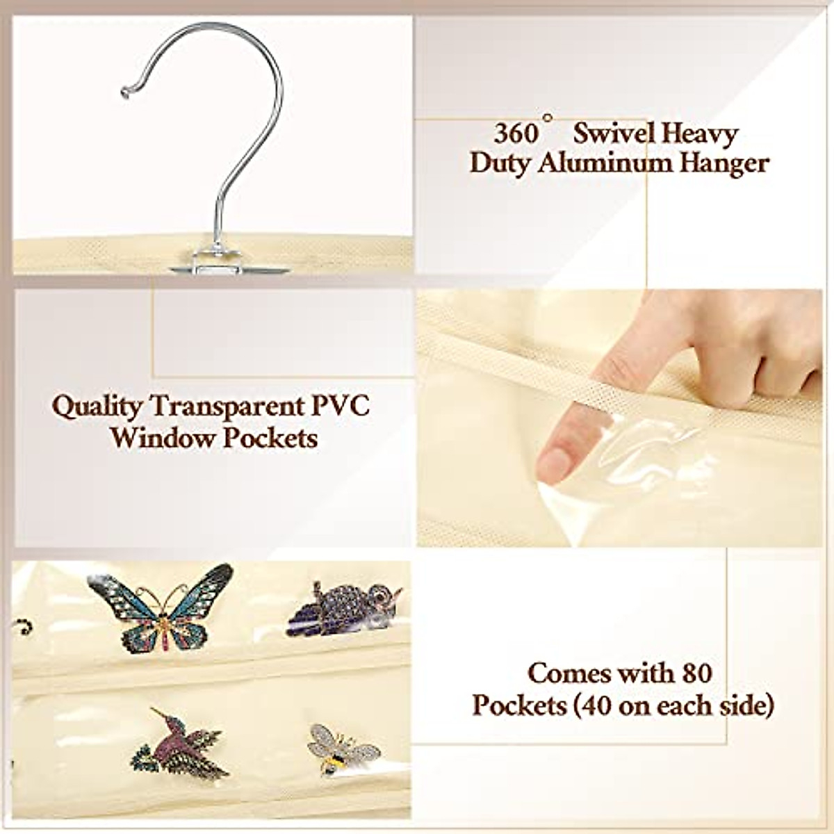 6 Pcs Hanging Jewelry Pocket Organizer Storage Roll with 80 Pockets, Dual Sided Hanging Women Girl Jewelry Holder Hanging Accessories Holder Closet Earring Storage for Earring Necklace Bracelet Ring