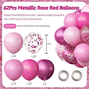 OuMuaMua Pink Balloons Hot Pink Balloons Set, 62Pcs Metallic Pink Balloons Magenta Balloons Baby Light Pink Balloons for Women Girls Baby Shower Birthday Princess Party Decorations, 12 Inch