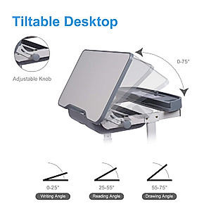 SMAGREHO Kids' Desk and Chair Set, Height Adjustable Child's School Study Writing Tables with Tilt Desktop, LED Light, Storage Drawer, Book Stand(Grey)