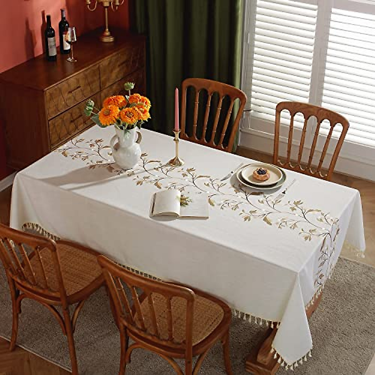 Laolitou Cotton Linen Table Cloth for Dining Table Farmhouse Kitchen Rectangle Tablecloth Coffee Table Cover, Beige, Coffee Flower, 55x70 Inch