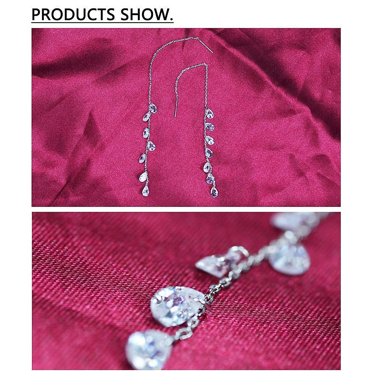 925 Sterling Silver Tassel Drop Earrings Long CZ Droplet Dangle Threader Earrings for Women (Silver)