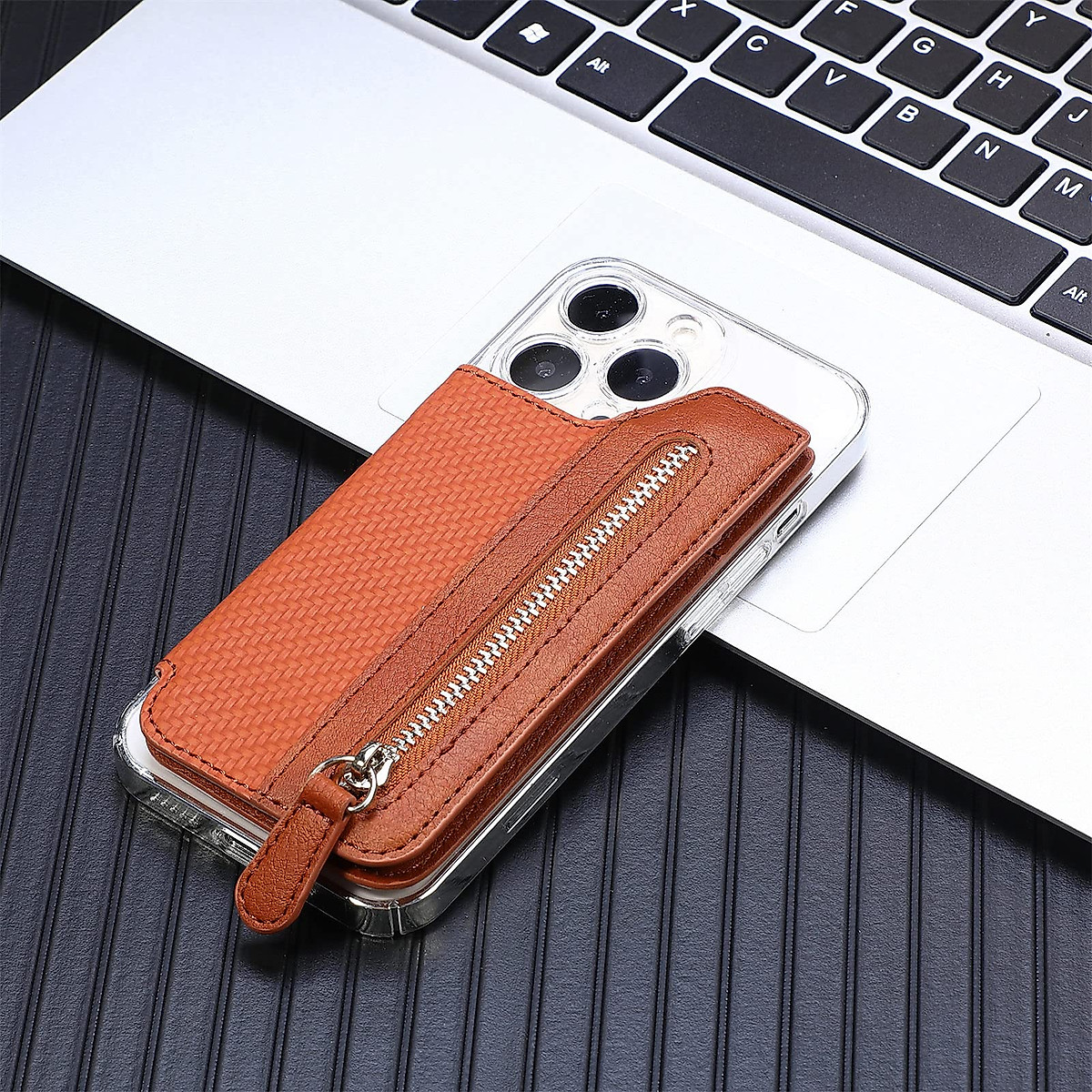 Yohulod Flip Leather Phone Wallet Stick On, Adhesive Credit Card Pocket with Adjustable Stand Function for Back of Most Phone Case Suitable for iPhone and Android (Brown)