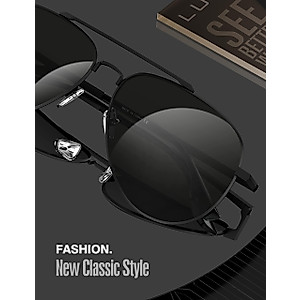 LUENX Aviator Sunglasses for Men Womens Polarized Driving Shades Black Lens Black Metal Frame Classic Style 60mm