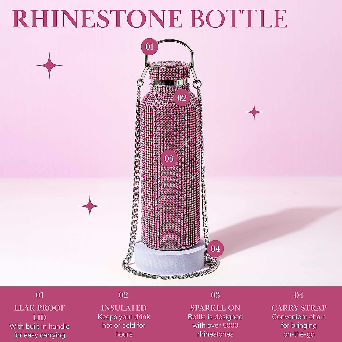 Paris Hilton Diamond Bling Water Bottle With Lid And Removable Carrying Strap, Stainless Steel Vacuum Insulated, Bedazzled With Over 5000 Rhinestones, 25-Ounce, Ombre Pink to Silver