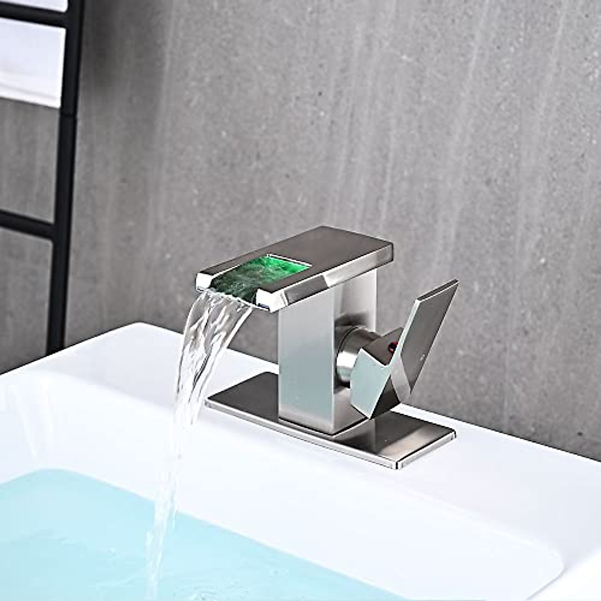 AVSIILE LED Bathroom Sink Faucet, Brushed Nickel Waterfall Single Hole Handle RV Bath Vanity Faucets for Sinks 1 Hole with Metal Pop Up Drain and 2 Water Supply Lines, Side Handle