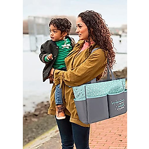 Baby Essentials Diaper Bag Tote 5 Piece Set with Sun, Moon, and Stars, Wipes Pocket, Dirty Diaper Pouch, Changing Pad (Grey/Aqua)