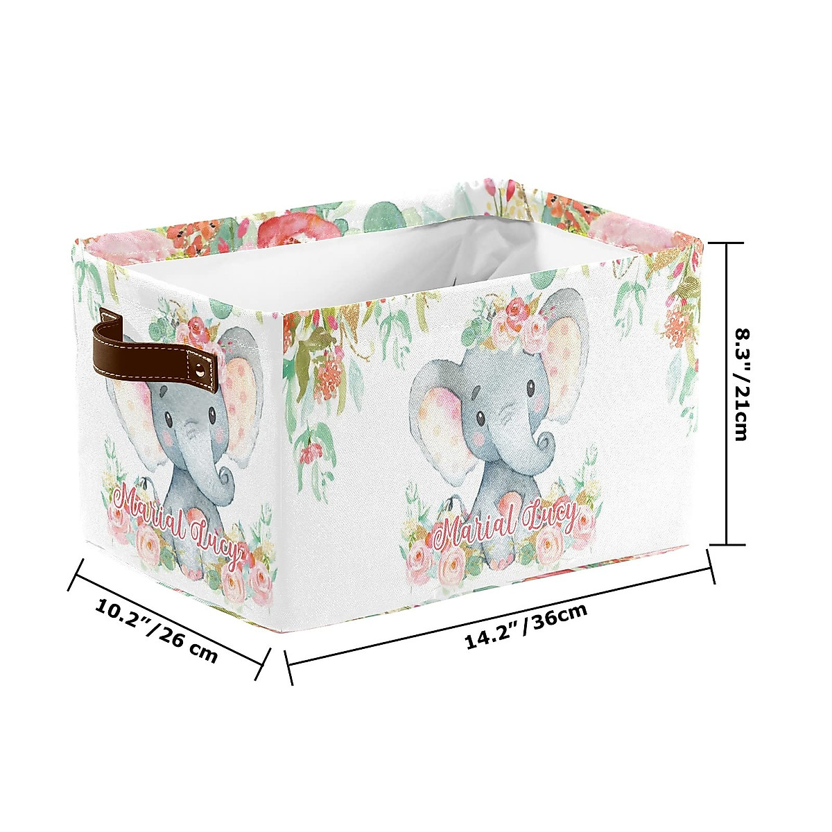 Elephant and Flower Personalized Storage Bins Basket Cubic Organizer with Durable Handle for Shelves Wardrobe Nursery Toy 2 Pack