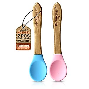 Nutrichef 2 Piece Baby & Toddler Spoon Set, All Natural Wooden Spoon Set w/Soft Curved Food Grade Silicone Head, Self-Feeding Utensils, BPA Free, Toddler & Child Tableware for ages 4 months- 6 years