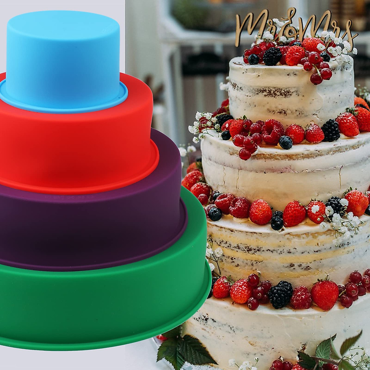 AILEHOPY Silicone Round Cake Pans Set, 4 Pcs (4"/6"/8"/10") extra thick Nonstick Leakproof Round Deep Cheesecake Pans, Layer Baking Pans Cake Tins Set for Birthday Wedding Tier Cake