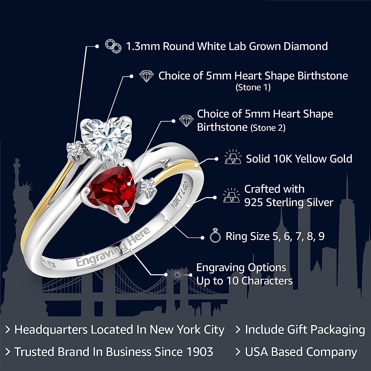 Gem Stone King 925 Silver and 10K Yellow Gold Personalized Engraved Birthstone and Lab Grown Diamond 2 Heart Promise Women Couple Ring (Size 7)