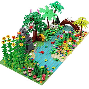 Feleph Jungle Toy Building Set MOC Garden Playset with 2 Baseplates Forest Wildlife Bridge Plants Trees Flowers Animals Cow Wetland Park Kit Block Accessories Compatible with Major Brand