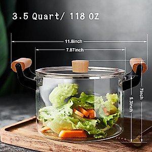 3.5 Qt Clear Glass Pot for Cooking on Stove, Big Glass Cooking Pot with Wooden Handle, Large Glass Simmer Pot for Stove Potpourri, Glass Frying Pot with Clear Lid for Boiling Pot by Nidhdsda