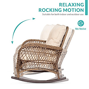 MEETWARM Outdoor Wicker Rocking Chair, Rattan Patio Rocker Chairs with Cushions and Steel Frame - Beige