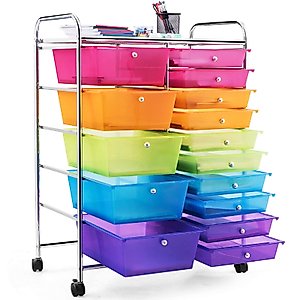 Giantex 15-Drawers Rolling Storage Cart, Mobile Book Paper Organizer Utility Trolley with Wheels, Ideal for School, Office, Home (Rainbow)