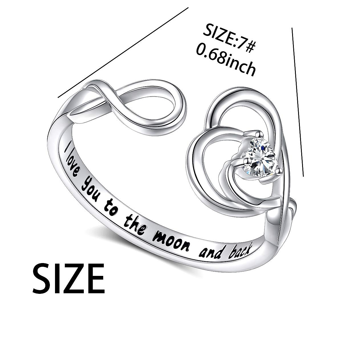 925 Sterling Silver Jewelry Engraved I Love You To The Moon and Back Love Heart Open Ring Size 7