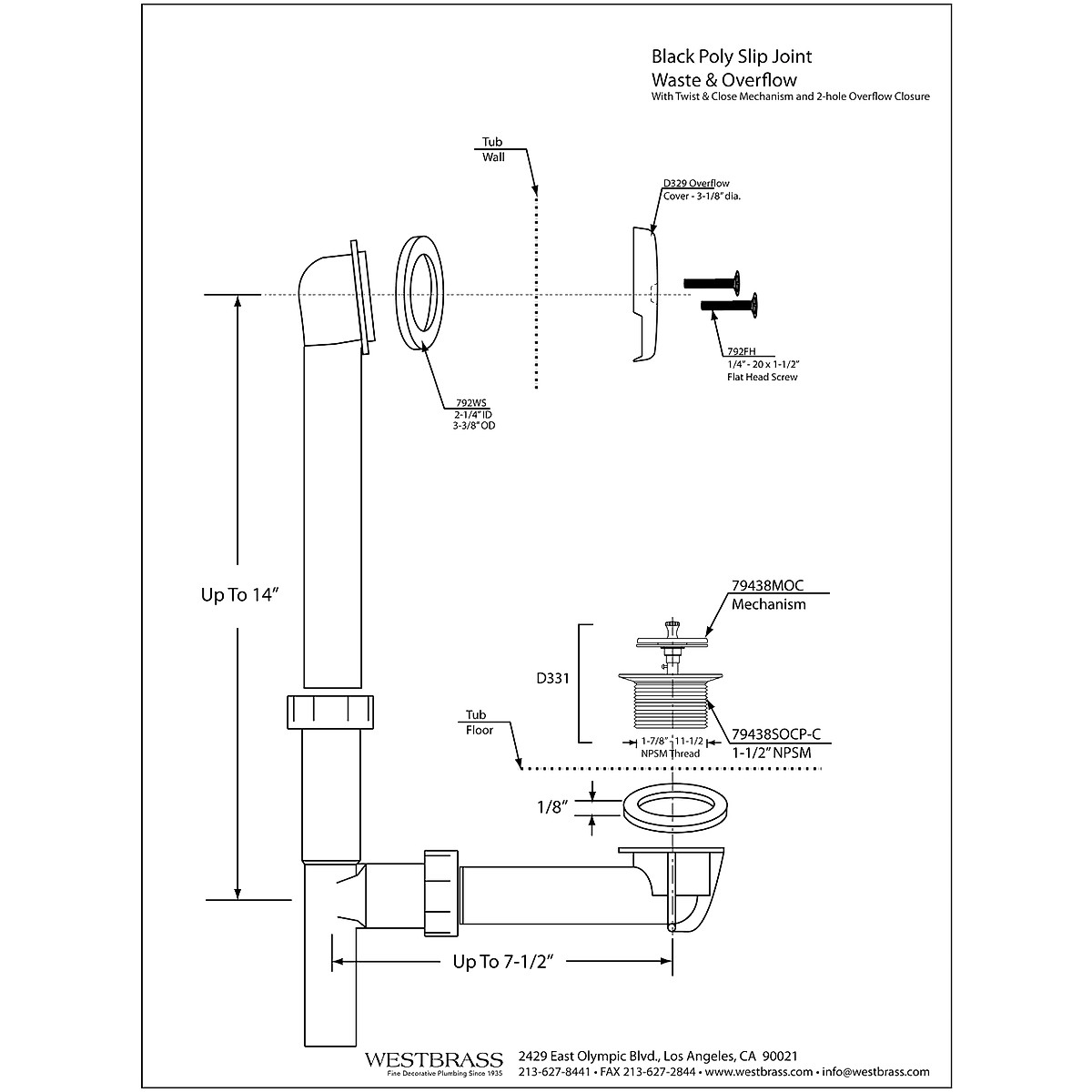 Westbrass A594144-62 14" Tubular Bath Waste & Overflow Assembly with Twist & Close Drain Plug and Two-Hole Faceplate, Matte Black